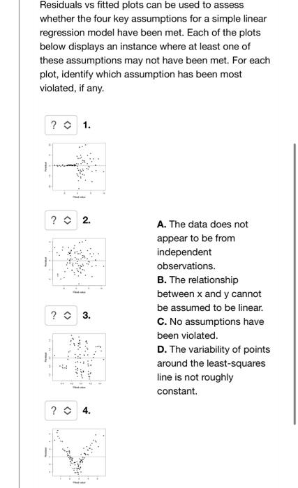 Solved Residuals vs fitted plots can be used to assess | Chegg.com