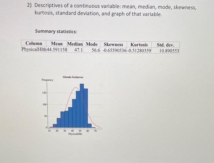 Solved 2) Descriptives of a continuous variable: mean, | Chegg.com