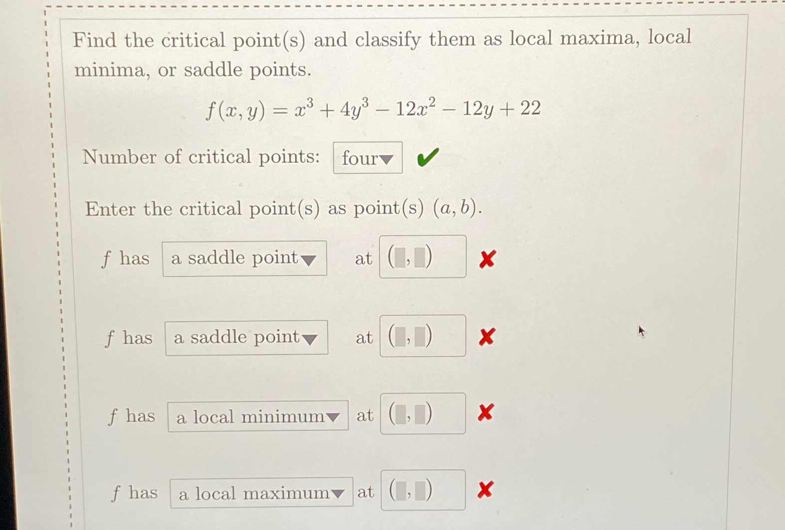 Solved Find the critical point(s) ﻿and classify them as | Chegg.com
