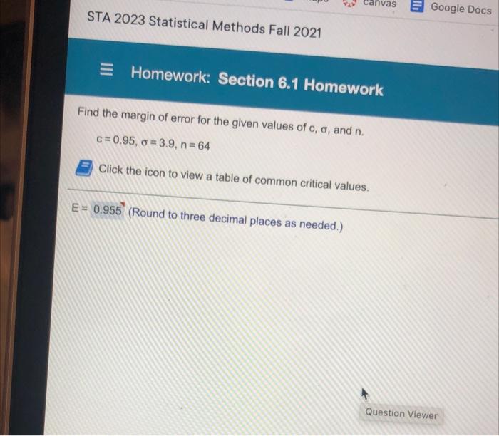 Solved Canvas E Google Docs STA 2023 Statistical Methods | Chegg.com