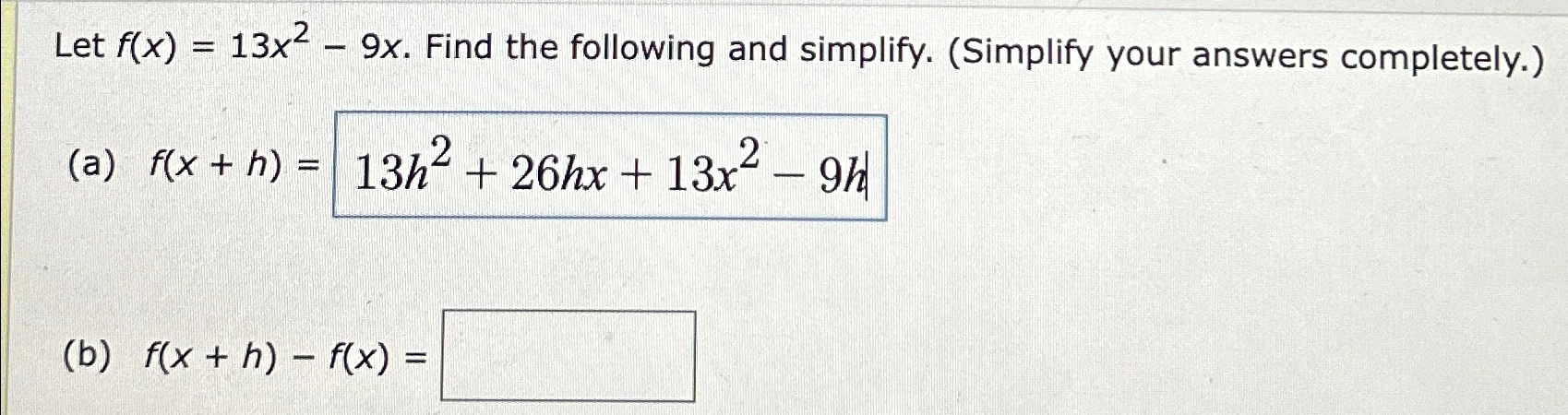 Let f(x)=13x2-9x. ﻿Find the following and simplify. | Chegg.com