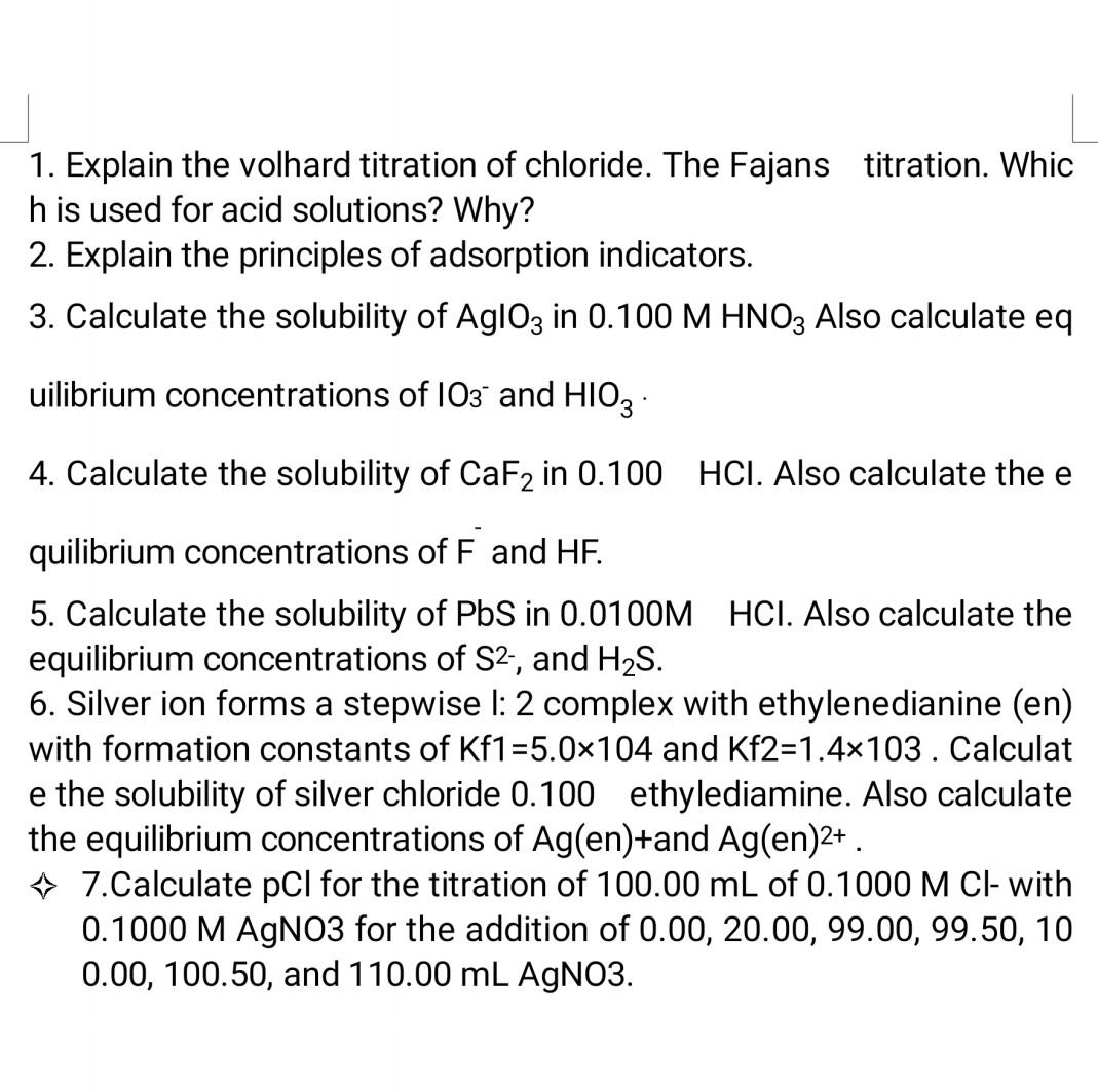 Solved 1. Explain the volhard titration of chloride. The | Chegg.com