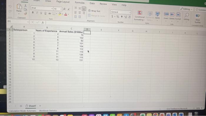 Solved A sales manager collected data on annual sales for | Chegg.com