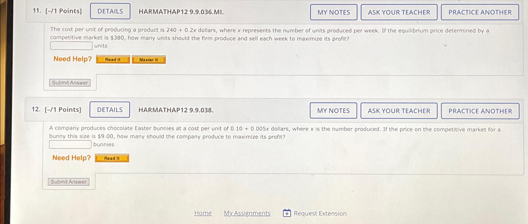 Solved [-/1 ﻿Points]HARMATHAP12 9.9.036.MI.The cost per unit | Chegg.com