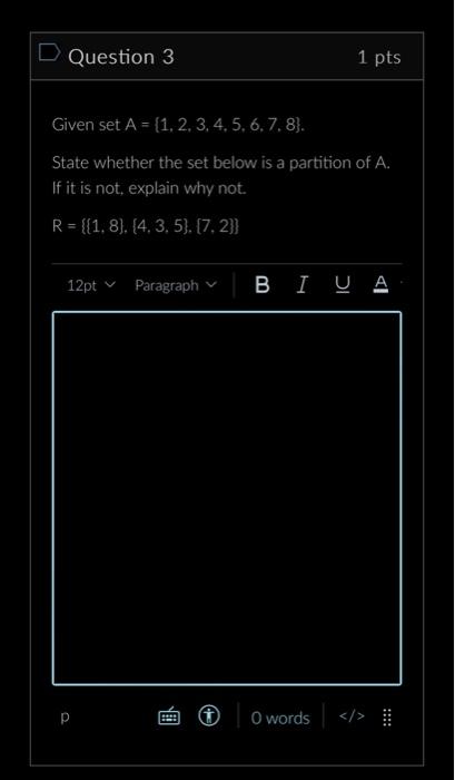 Solved Given set A={1,2,3,4,5,6,7,8}. Give a partition of A | Chegg.com