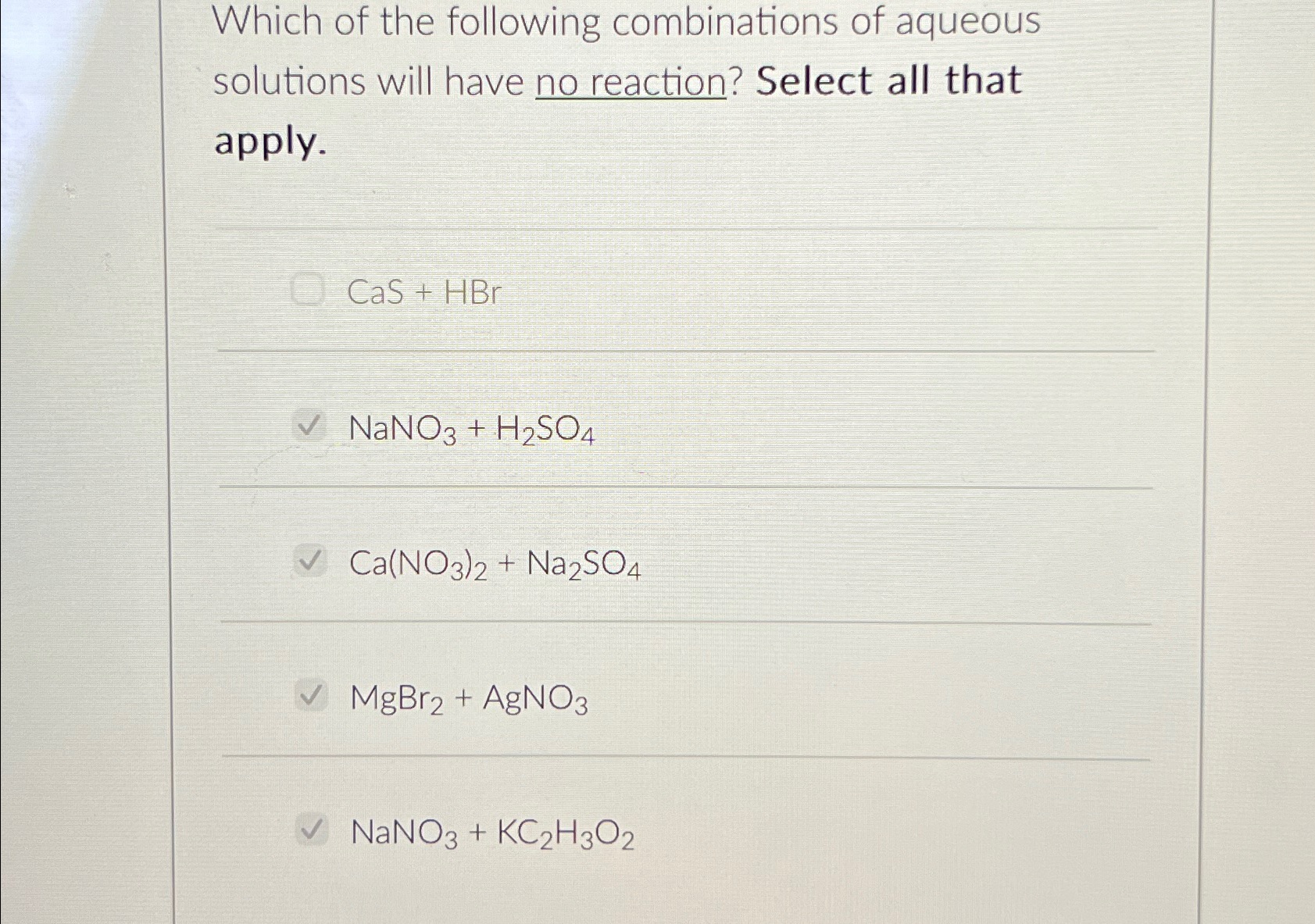 Solved Which of the following combinations of aqueous | Chegg.com