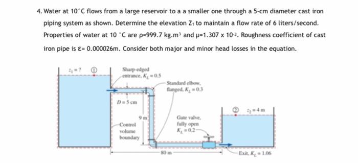 Solved 4. Water at 10°C flows from a large reservoir to a a | Chegg.com