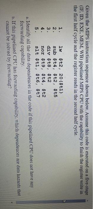 Solved Given the MIPS instruction sequence shown below. | Chegg.com