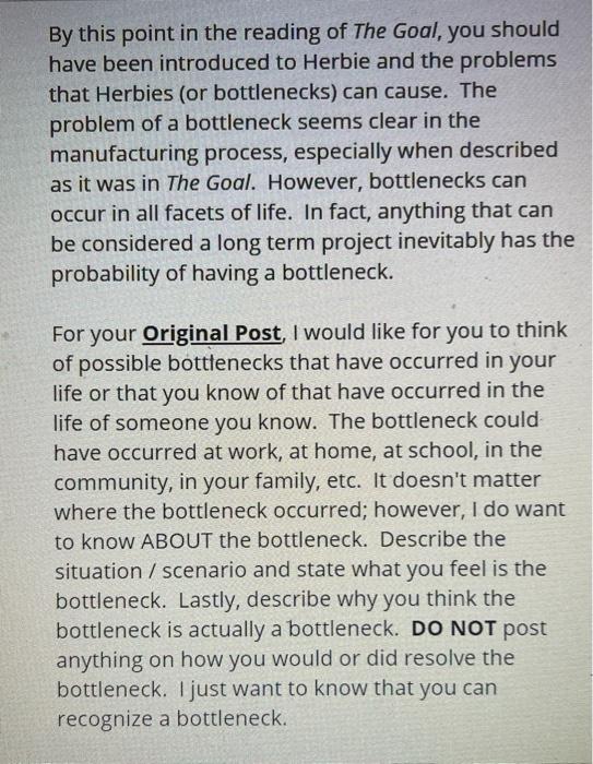 Solved By this point in the reading of The Goal, you should | Chegg.com