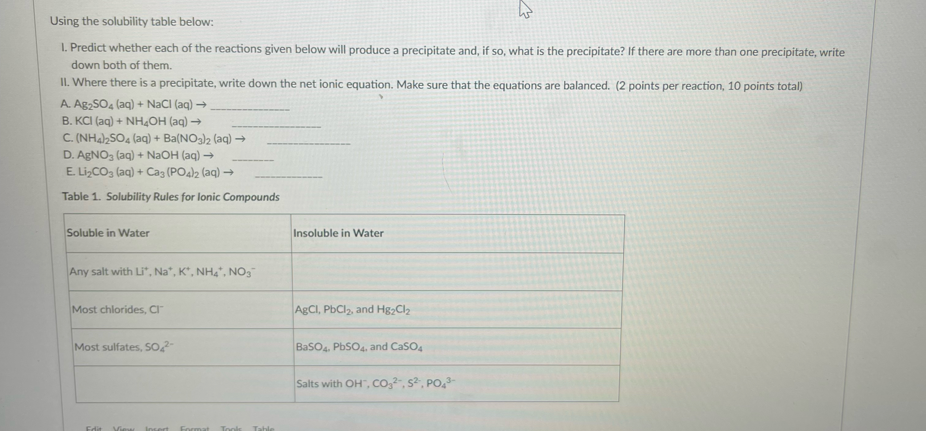 Solved Using the solubility table below:I. Predict whether | Chegg.com