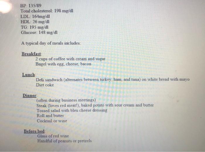 Solved BP: 135/89 Total cholesterol: 198 mg/dl LDL: 164mg/dl | Chegg.com