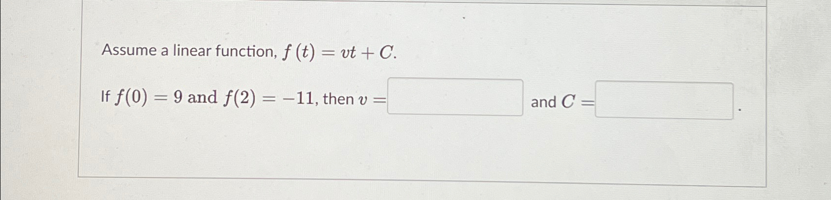 Solved Assume a linear function, f(t)=vt+C.If f(0)=9 ﻿and | Chegg.com