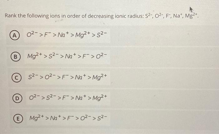 Solved rank the following ions in order of decreasing ionic | Chegg.com