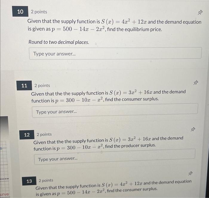 Solved 2 points Given that the supply function is | Chegg.com