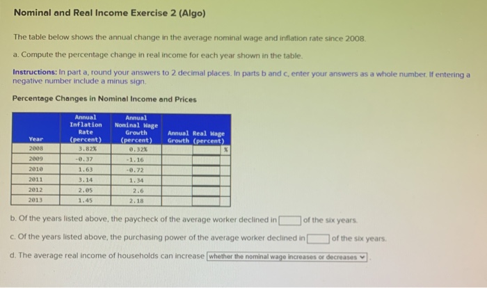 Solved Nominal and Real Income Exercise 2 (Algo) The table | Chegg.com