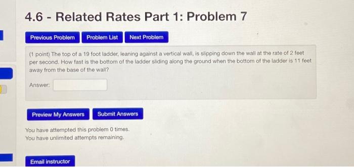 Solved 4.6 - Related Rates Part 1: Problem 7 (1 point) The | Chegg.com
