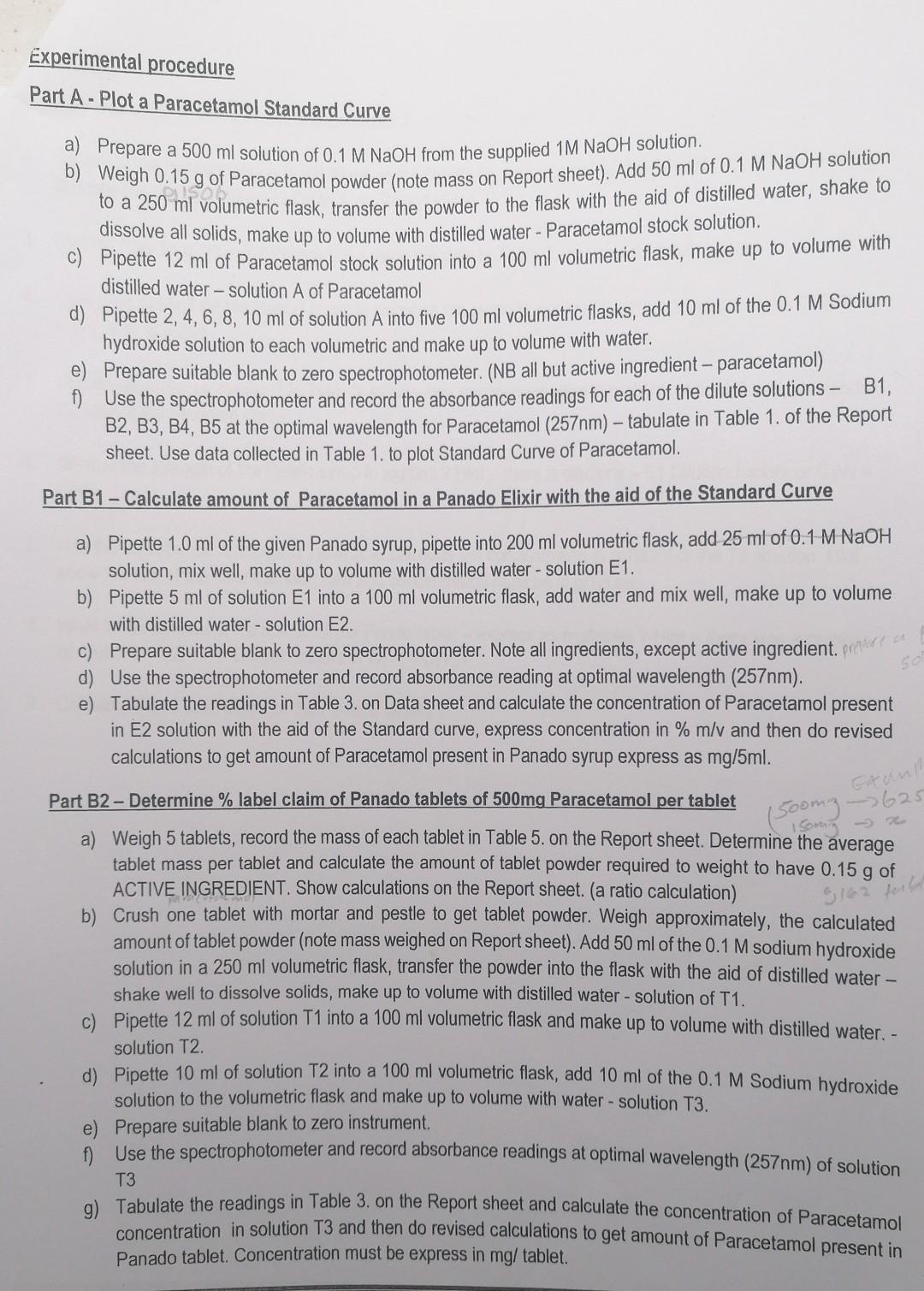 Solved Part 2 - Calculate amount of Paracetamol in a Panado | Chegg.com
