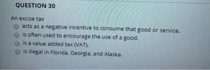 Solved QUESTION 30 An excise tax acts as a negative | Chegg.com