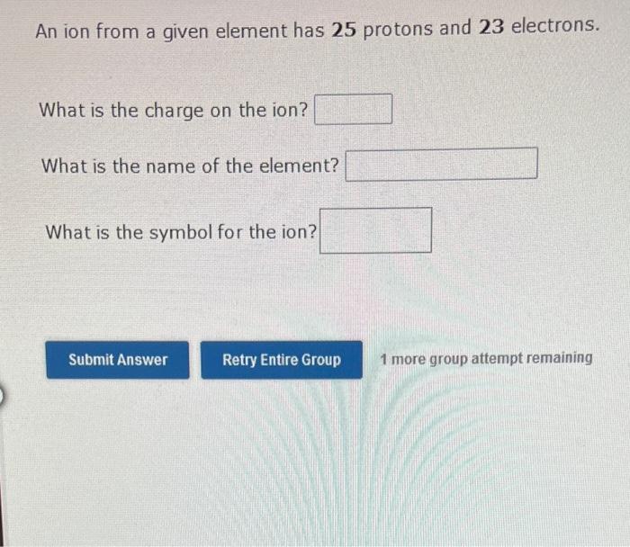 Solved An ion from a given element has 25 protons and 23 | Chegg.com