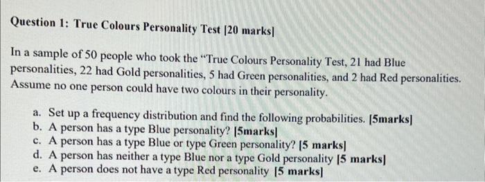 Solved Question 1: True Colours Personality Test [20 marks| | Chegg.com