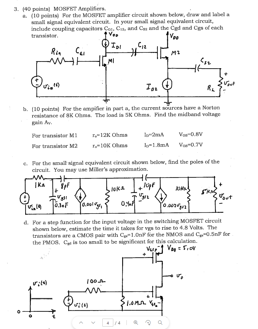 Solved 3. (40 ﻿points) ﻿MOSFET Amplifiers.a. (10 ﻿points) | Chegg.com