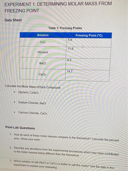 Solved EXPERIMENT 1: DETERMINING MOLAR MASS FROM FREEZING | Chegg.com