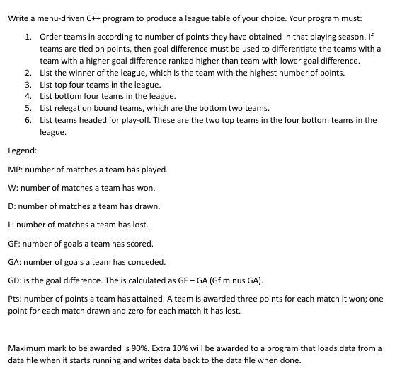 Solved Write a menu-driven C++ ﻿program to produce a league | Chegg.com