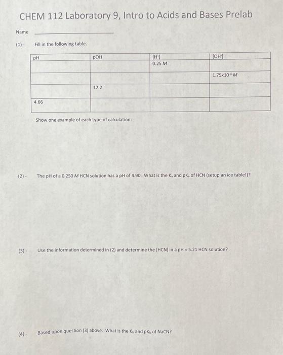 Solved CHEM 112 Laboratory 9, Intro to Acids and Bases | Chegg.com