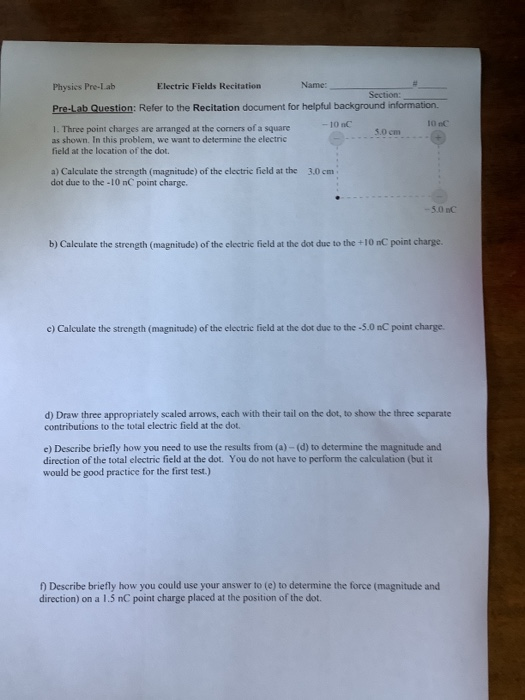 Solved Physics Pre-Lab Electric Fields Recitation Name: | Chegg.com
