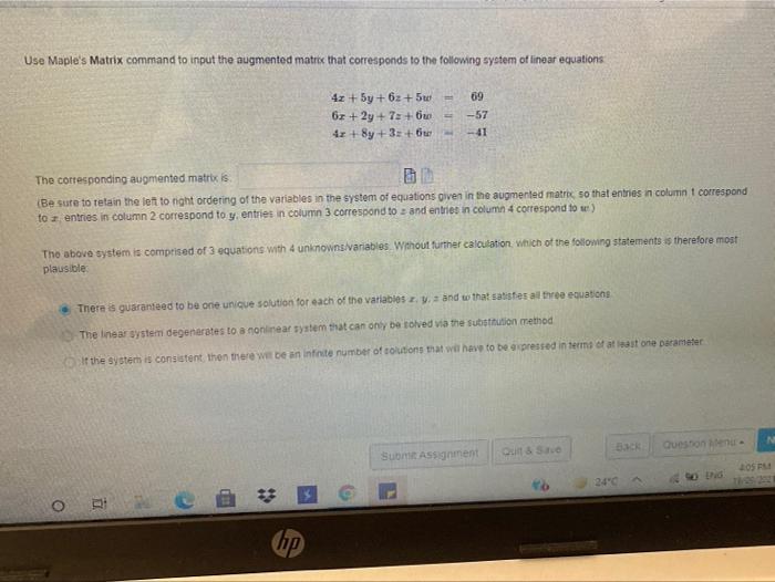 Solved Use Maple's Matrix command to input the augmented | Chegg.com