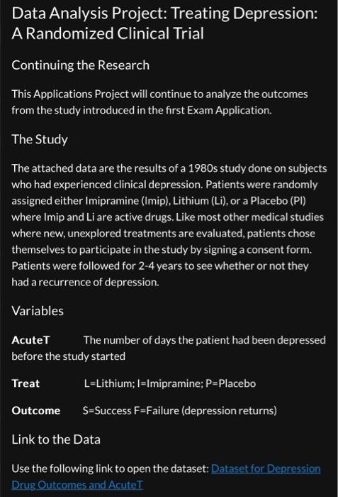 Data Analysis Project: Treating Depression: A | Chegg.com