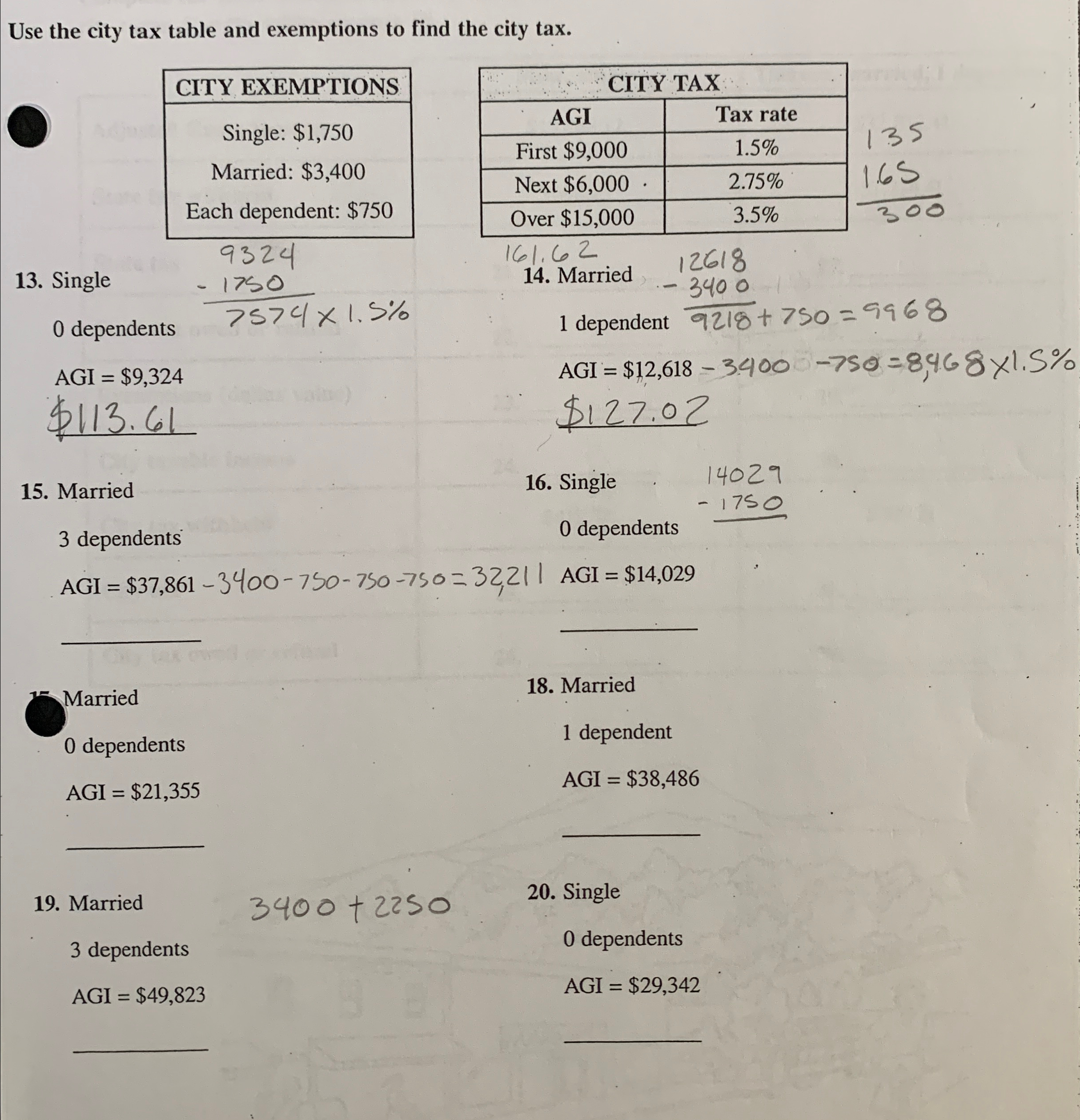 Solved Use the city tax table and exemptions to find the | Chegg.com
