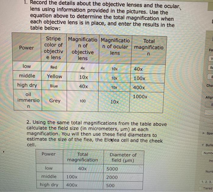 Solved 1. Record the details about the objective lenses and | Chegg.com