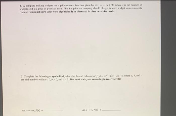 Solved 4. A company making widgets has a price-demand | Chegg.com