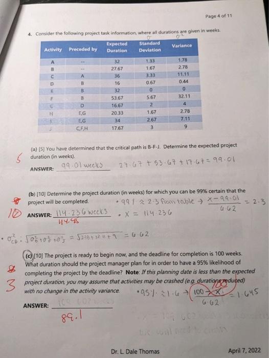 Solved 4. Consider the following project task information, | Chegg.com