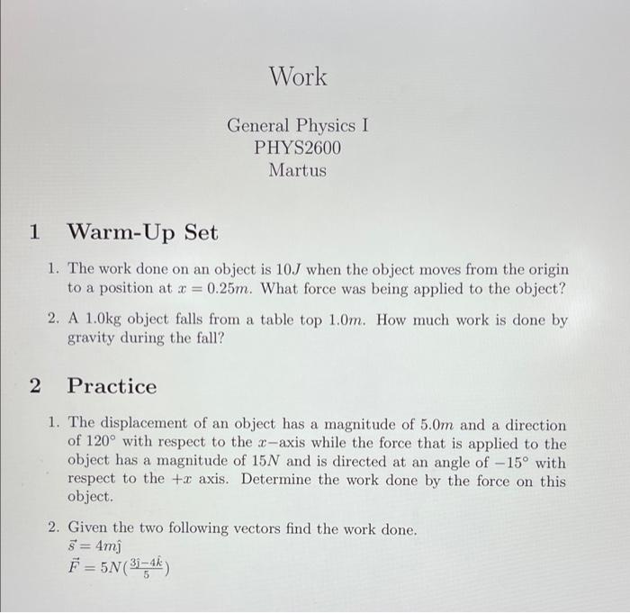 Solved 1 Warm-Up Set 1. The work done on an object is 10J | Chegg.com