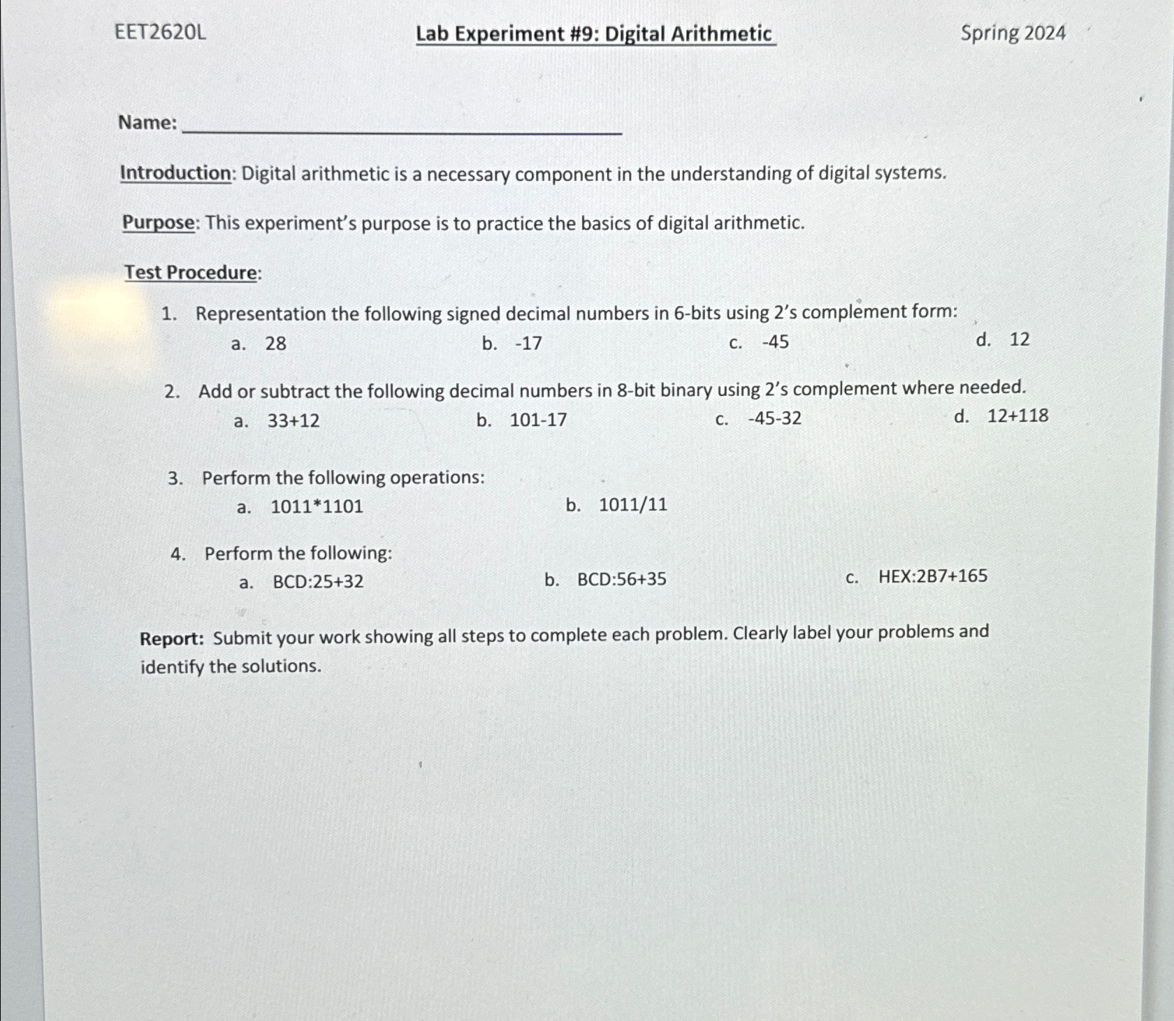 Solved EET2620LLab Experiment #9: Digital ArithmeticSpring | Chegg.com