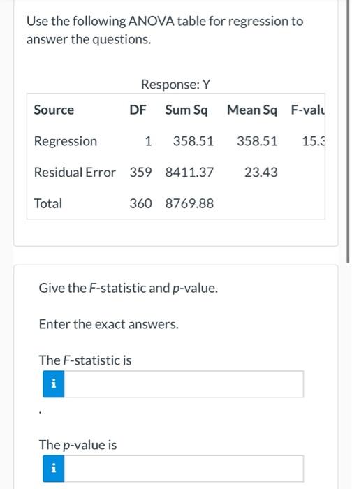 Solved Use the following ANOVA table for regression to | Chegg.com