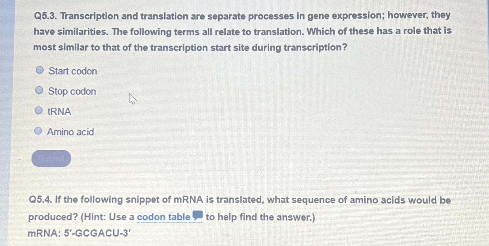 Solved Q5.3. ﻿Transcription and translation are separate | Chegg.com