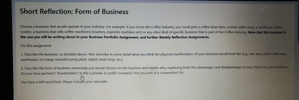 Short Reflection: Form of Business Choose a business | Chegg.com