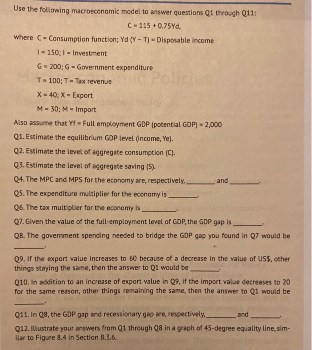 Solved Use the following macroeconomic model to answer | Chegg.com