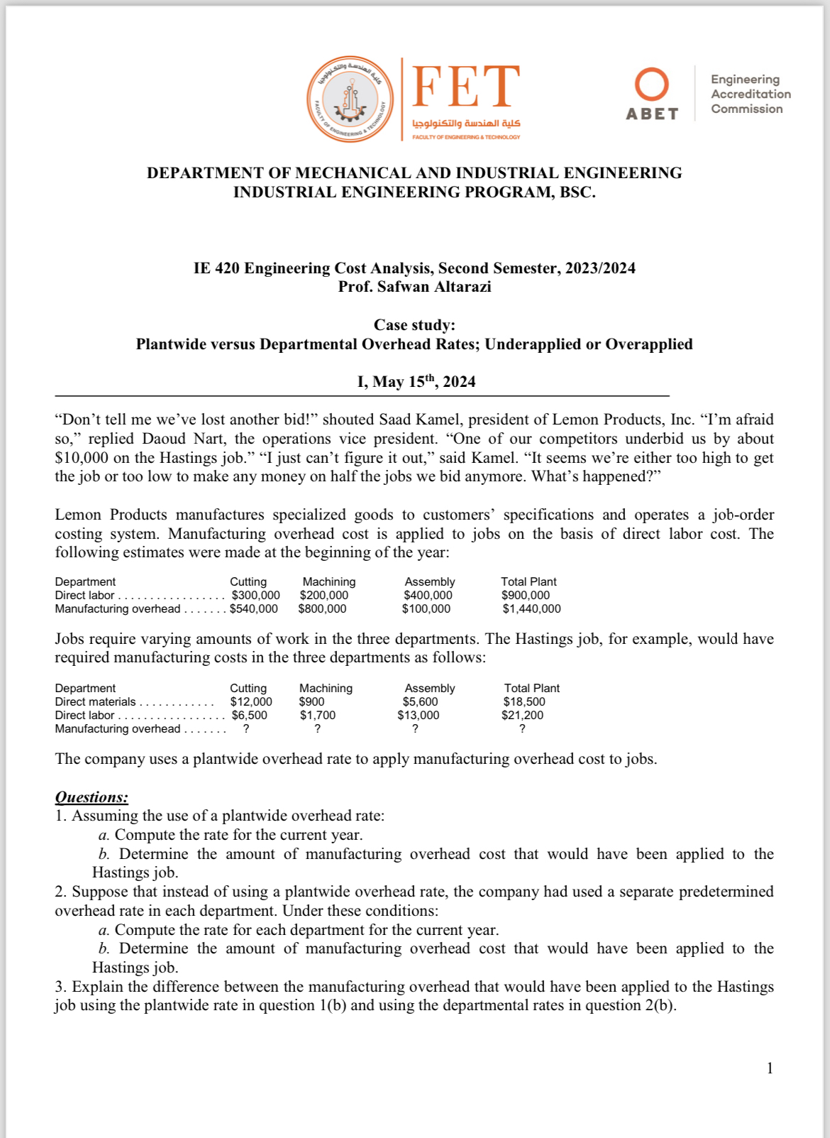 Solved DEPARTMENT OF MECHANICAL AND INDUSTRIAL ENGINEERING | Chegg.com
