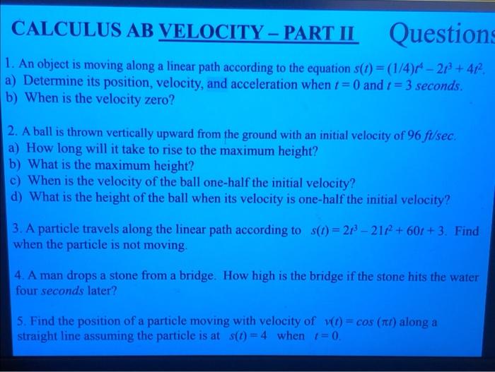 Solved CALCULUS AB VELOCITY - PART II Questions 1. An object | Chegg.com