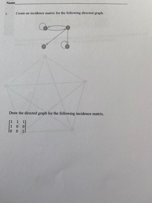 Solved Name 1. Create an incidence matrix for the following | Chegg.com