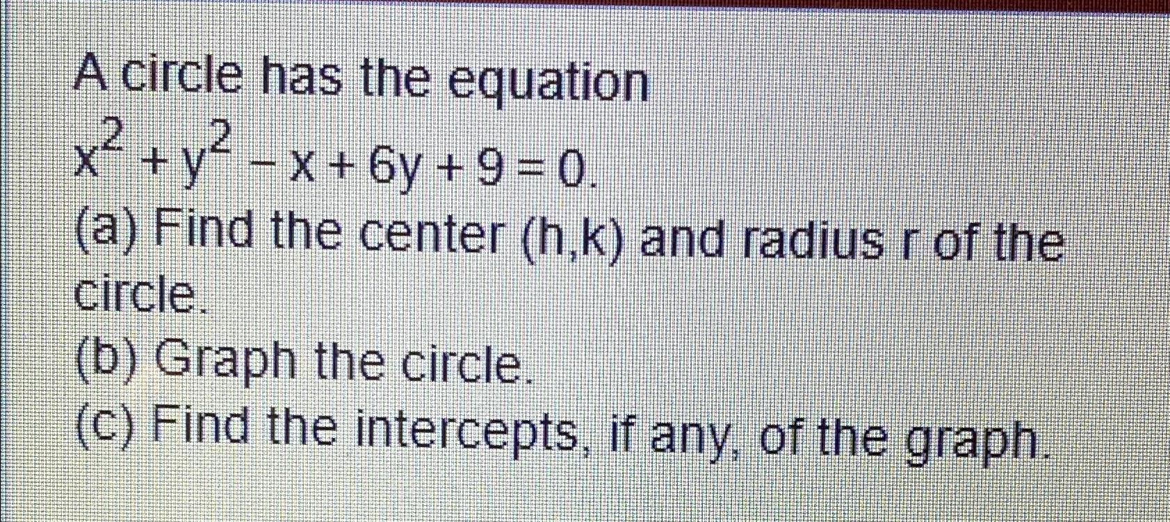 Solved A circle has the equationx2+y2-x+6y+9=0(a) ﻿Find the | Chegg.com