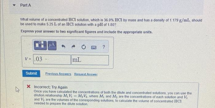 Solved Part A What volume of a concentrated HCl solution, | Chegg.com