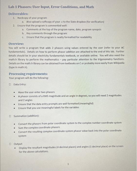 Solved Lab 1 Phasors: User Input, Error Conditions, and Math | Chegg.com