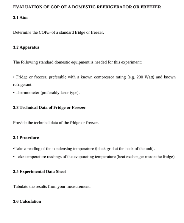 Solved EVALUATION OF COP OF A DOMESTIC REFRIGERATOR OR | Chegg.com