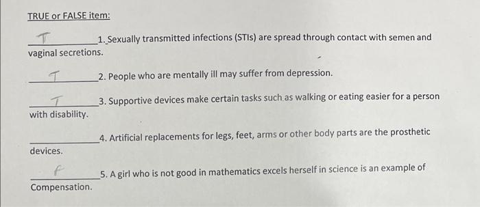 Solved TRUE or FALSE item: T 1. Sexually transmitted | Chegg.com