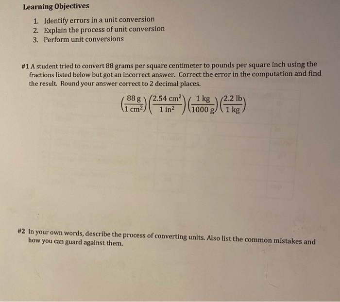Solved Learning Objectives 1. Identify errors in a unit | Chegg.com